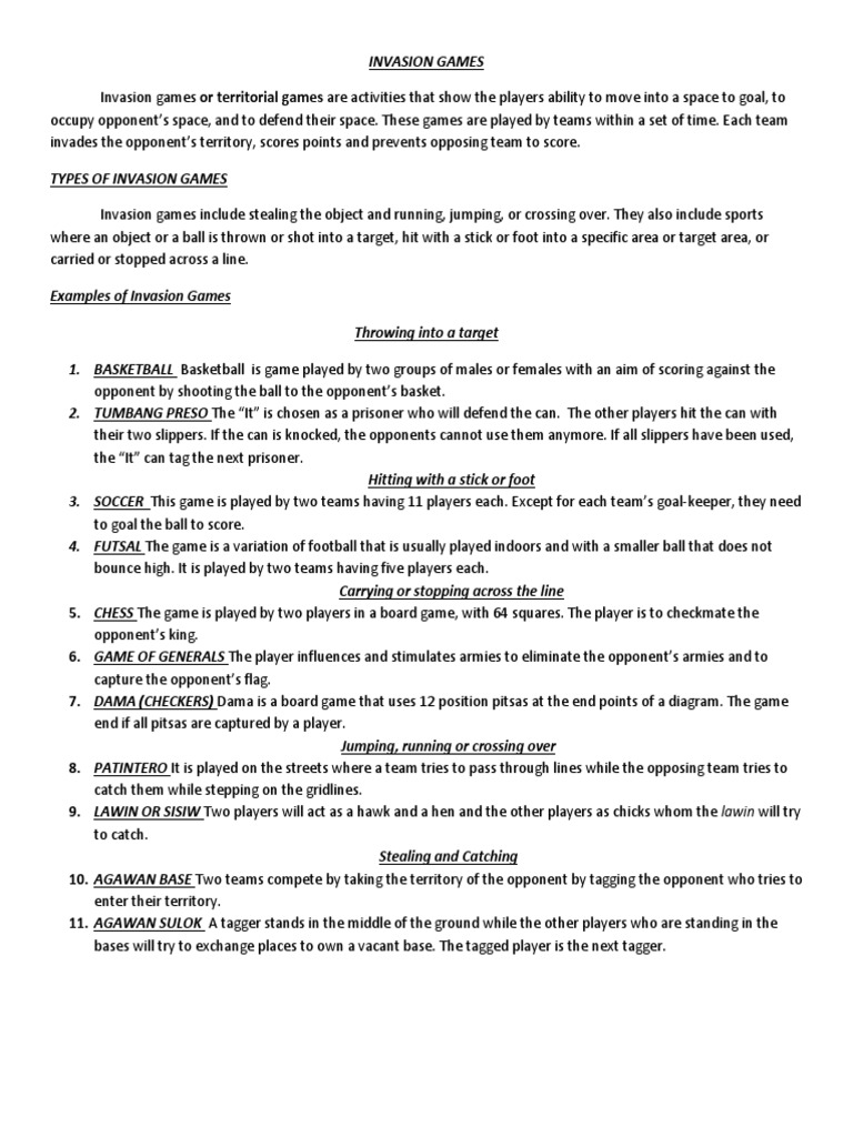 Invasion Games Gr6 PE | PDF | Invasion | Sports Rules And Regulations