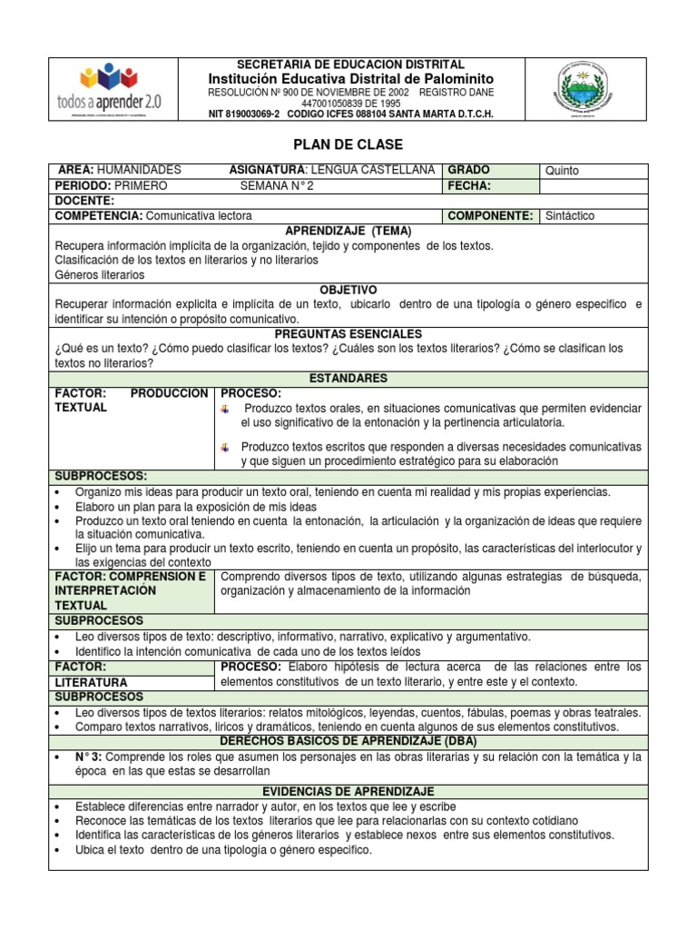 PLAN DE CLASE LENGUAJE QUINTO GRADO.docx | Adjetivo | Narrativa | Prueba gratuita de 30 días ...