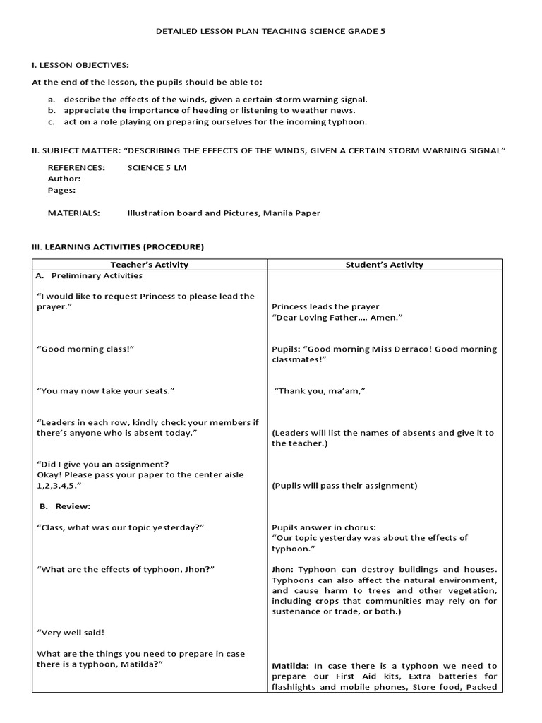 Detailed Lesson Plan in Grade 5 Science | PDF | Tropical Cyclones ...