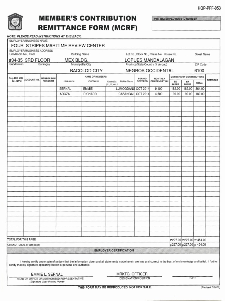 Member'S Contribution Remittance Form (MCRF) : Four Stripes Maritime ...