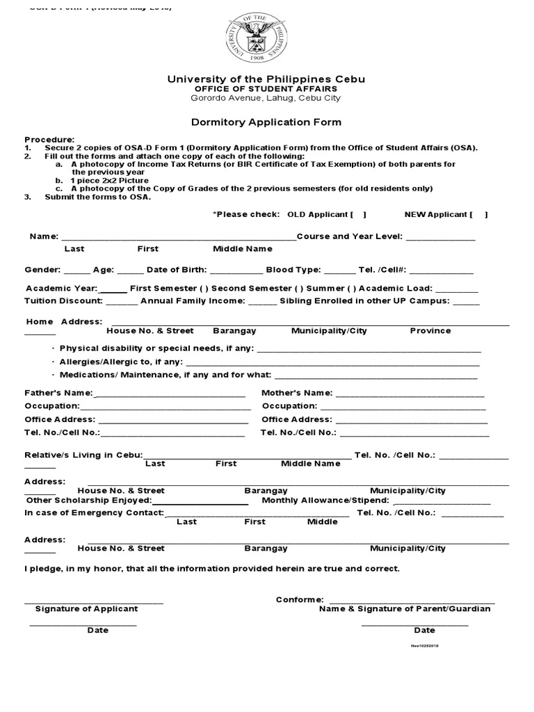 University of The Philippines Cebu: Dormitory Application Form | PDF | Dormitory