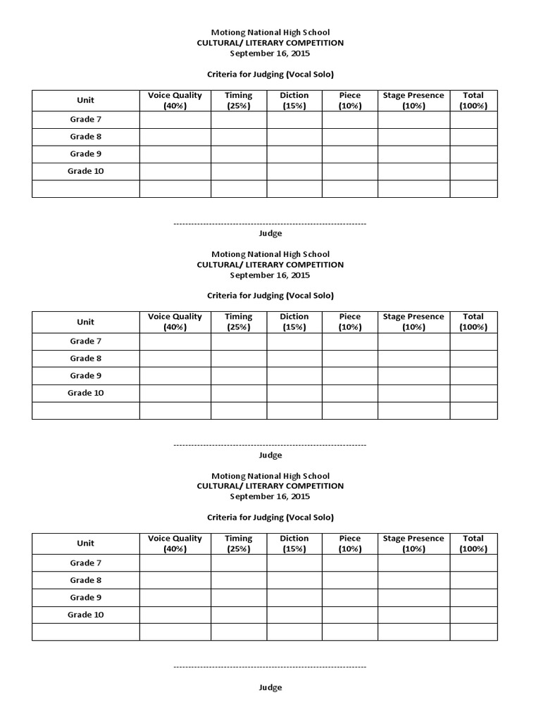 Criteria For Judging - Table | PDF | Performing Arts | Entertainment