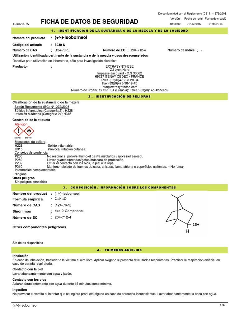 Ficha de Seguridad Borneol | PDF | Toxicidad | Agua