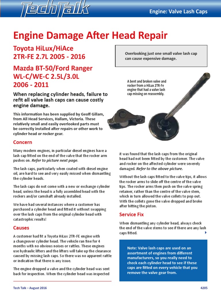 Toyota 2trfe Valve Stem Lash Caps | PDF | Fuel Injection | Cylinder ...