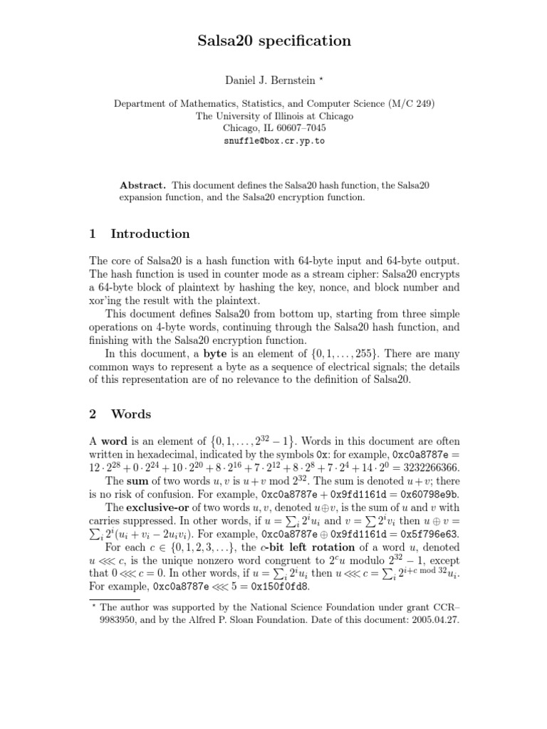 Salsa20 Specification - Daniel J. Bernstein | PDF | Cryptography | Applied Mathematics