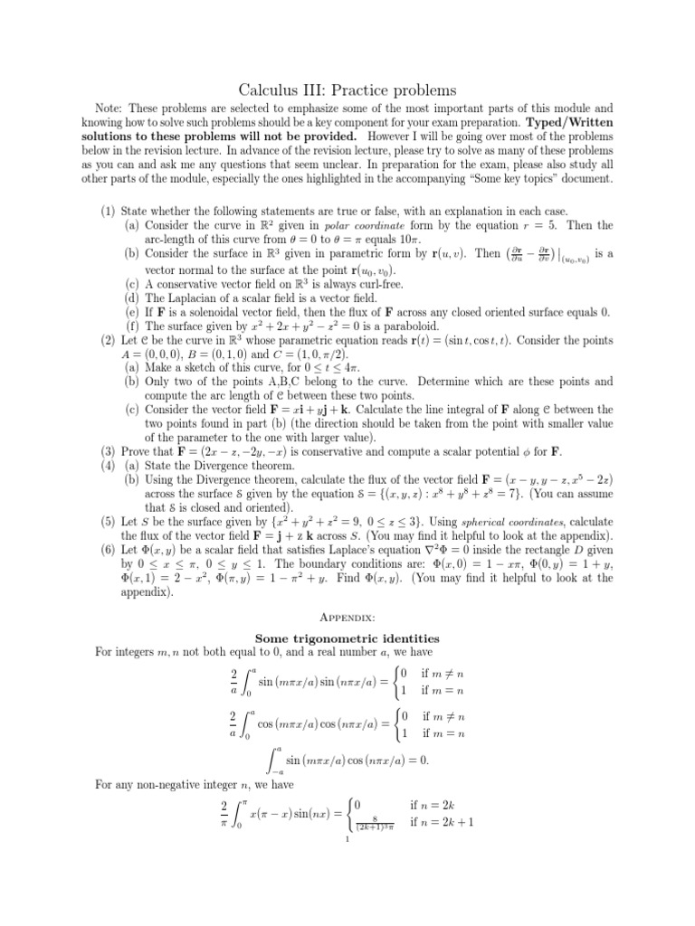 Calculus III: Practice Problems: Some Trigonometric Identities | PDF ...
