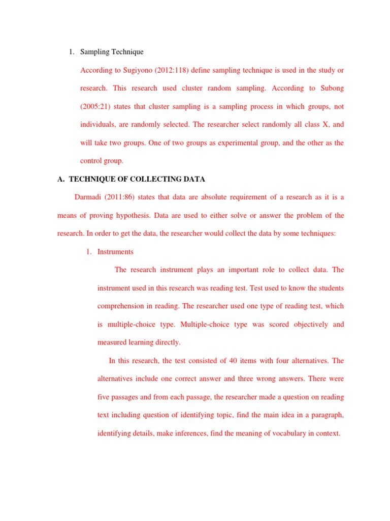 Sampling Technique: A. Technique of Collecting Data | PDF | Multiple ...
