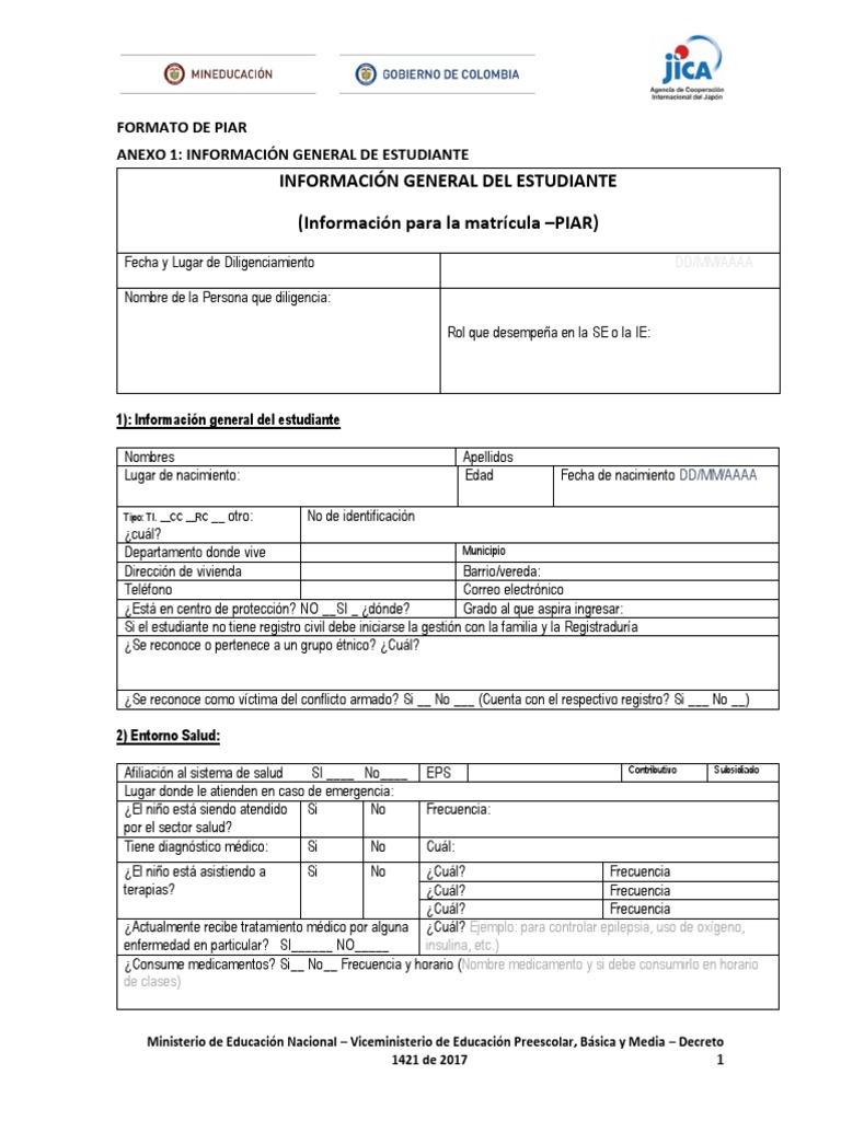 Formato Piar en Blanco | Educación de la primera infancia | Evaluación