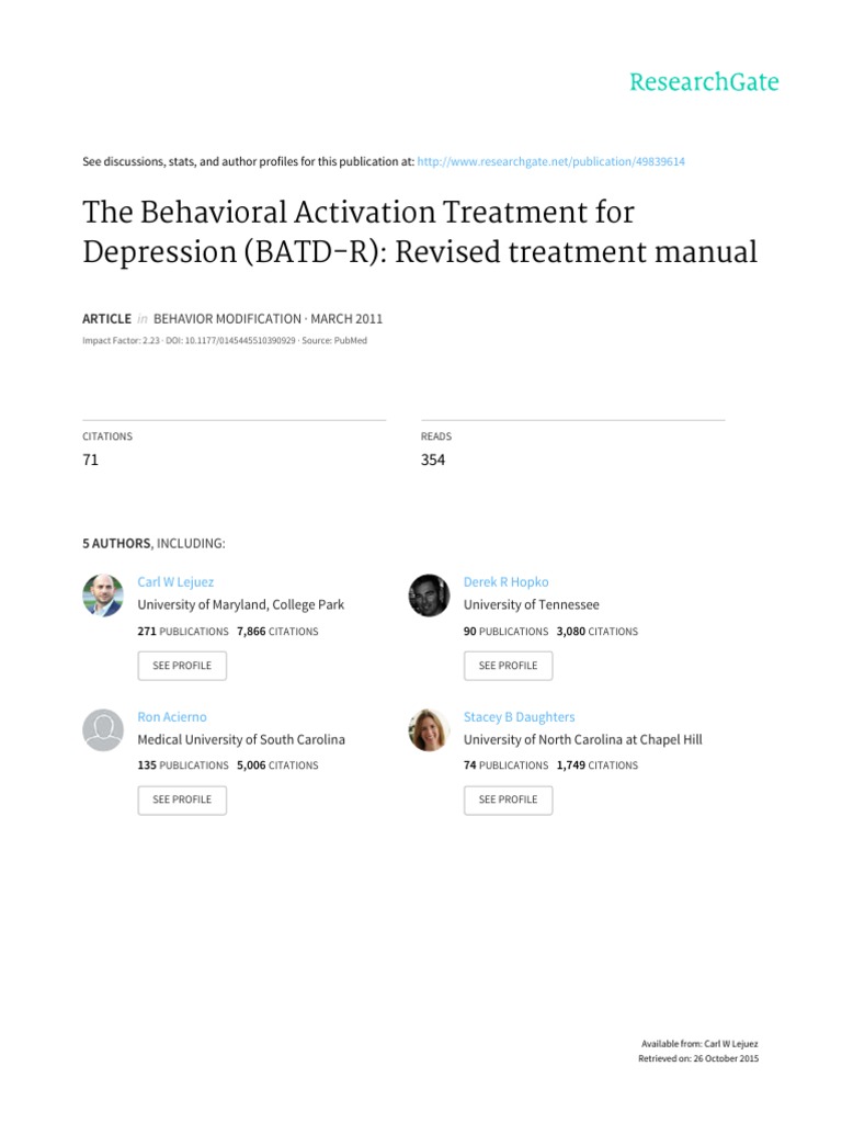 The Behavioral Activation Treatment For Depression (BATD-R) : Revised ...