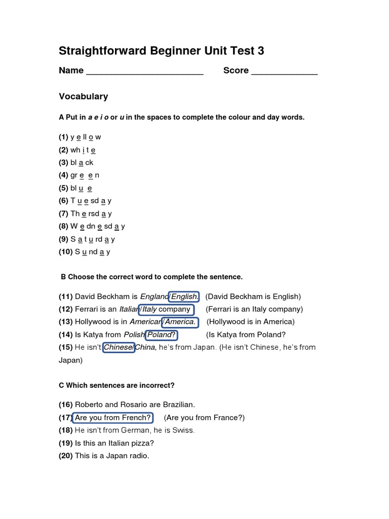 Straightforward Beginner Unit Test 3: Name - Score | PDF | Semiotics ...