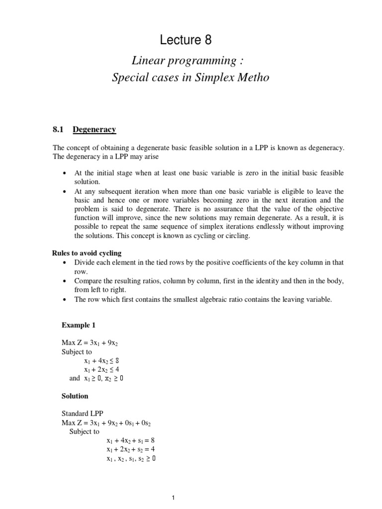 Linear Programming: Special Cases in Simplex Metho: 8.1 Degeneracy | PDF | Linear Algebra ...