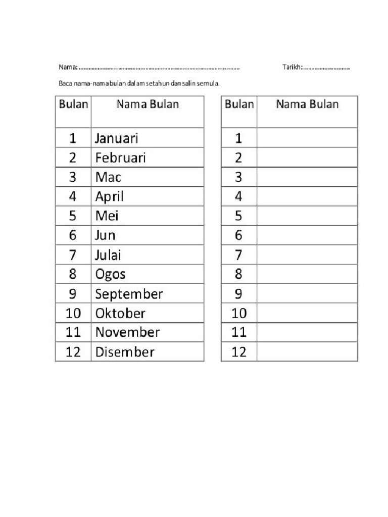 Lembaran Kerja Nama-Nama Bulan | PDF