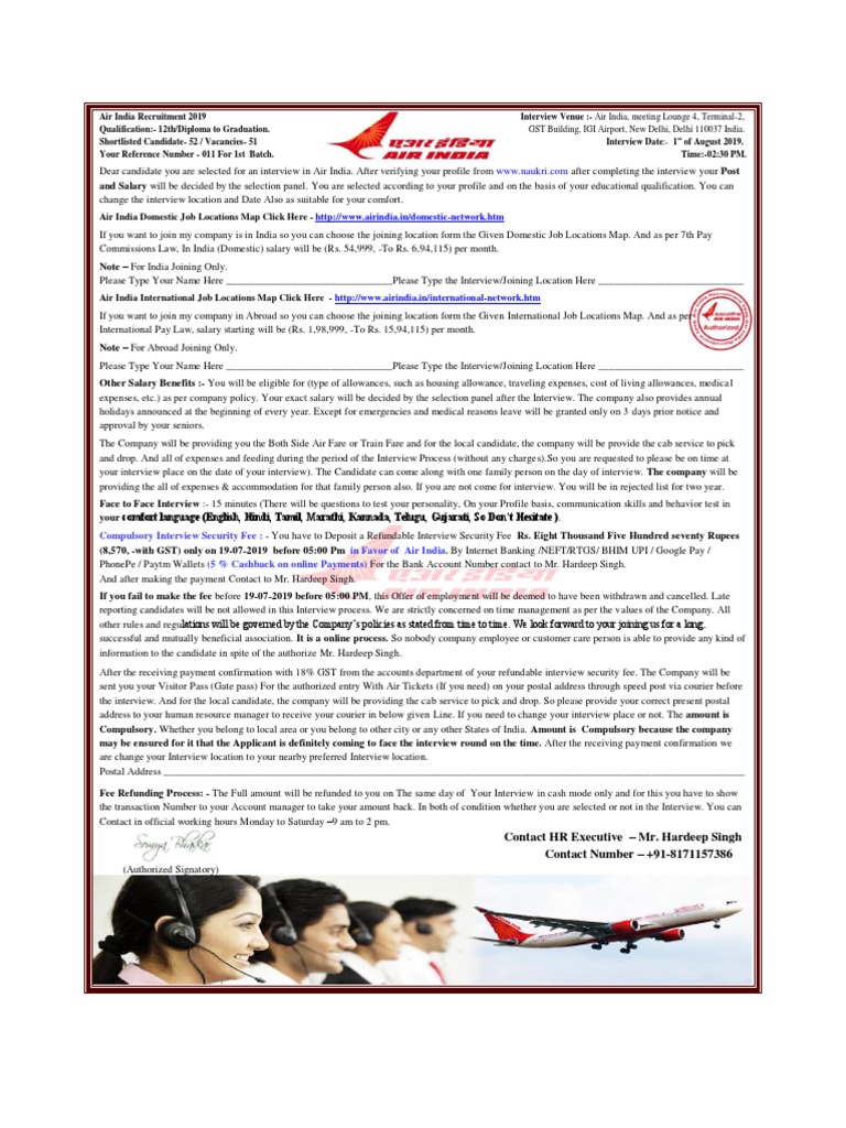 Air India Interview Details | PDF | Fee | Service Industries