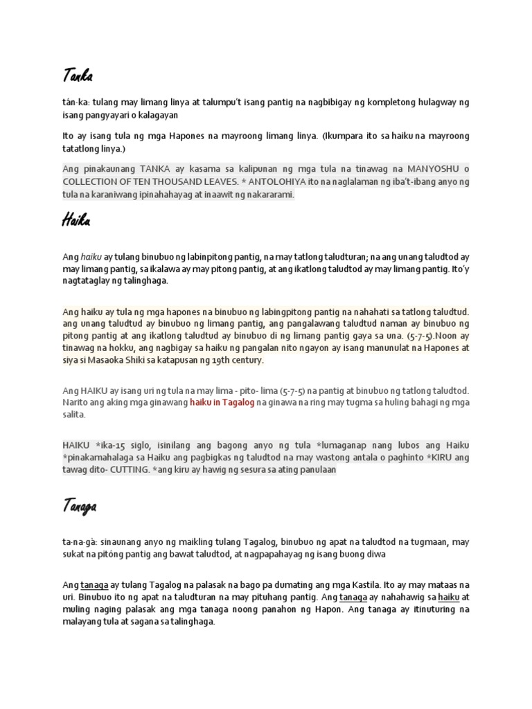 Tanka, Haiku, Tanaga | PDF