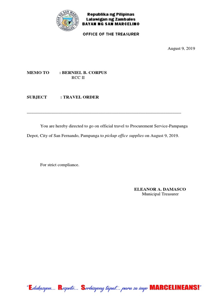 Travel Order for Office Supplies Pickup | PDF