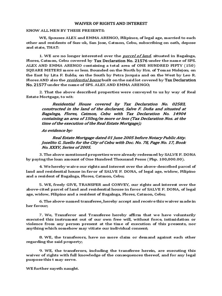 Waiver of Rights and Interest | PDF | Real Estate Law | Property Law