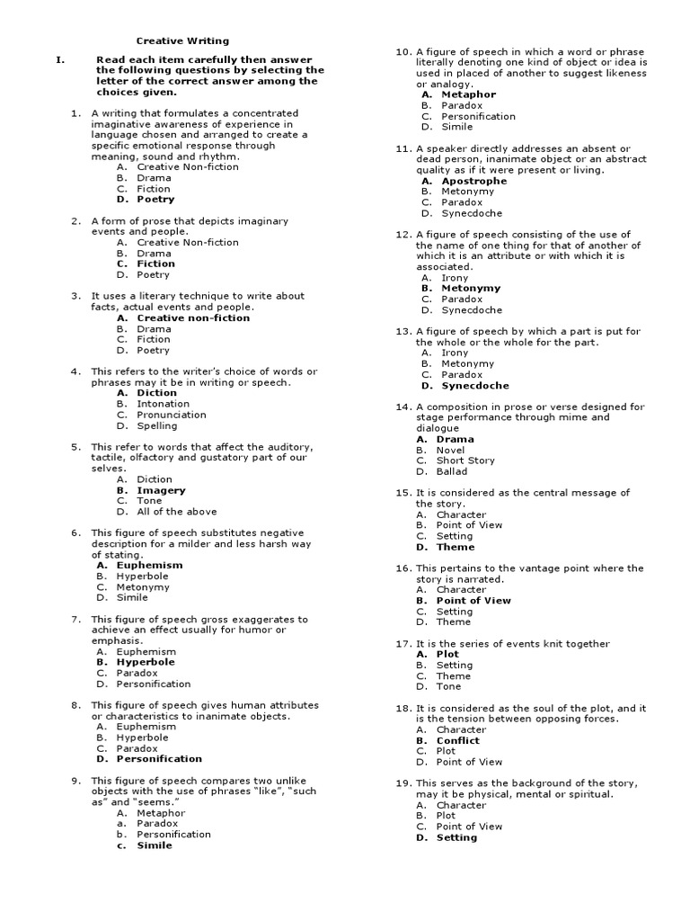 Creative Writing Quiz Questions | PDF | Metaphor | Poetry