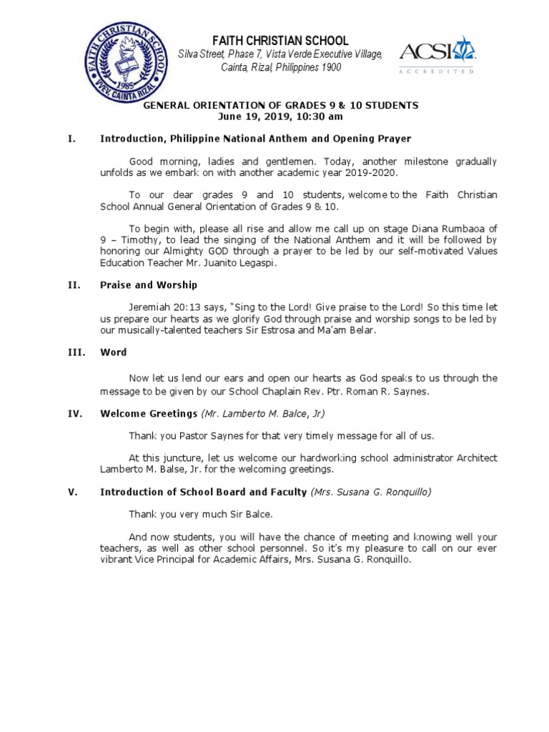 Grades 9 & 10 Orientation at Faith Christian School | PDF