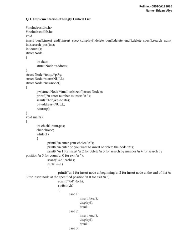 Q.1. Implementation of Singly Linked List | PDF | Data Management | Software Engineering