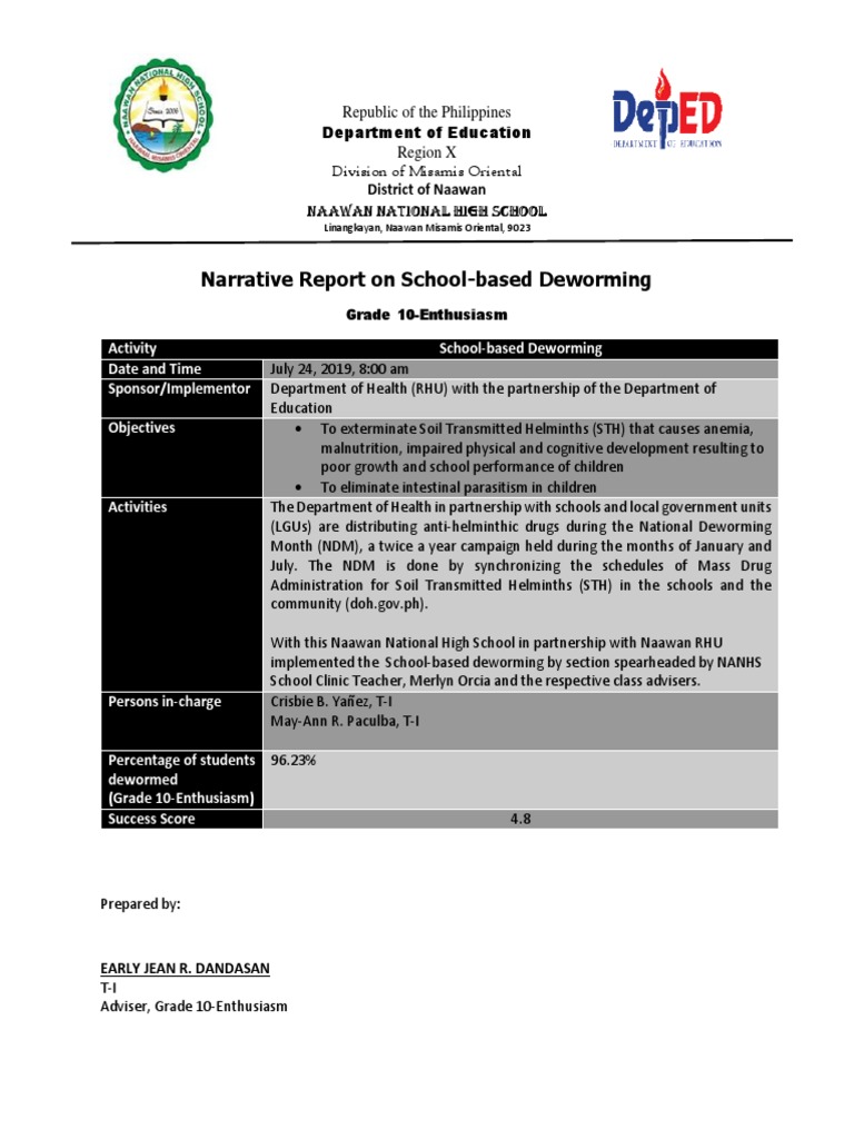 Narrative Report On School-Based Deworming: Department of Education ...