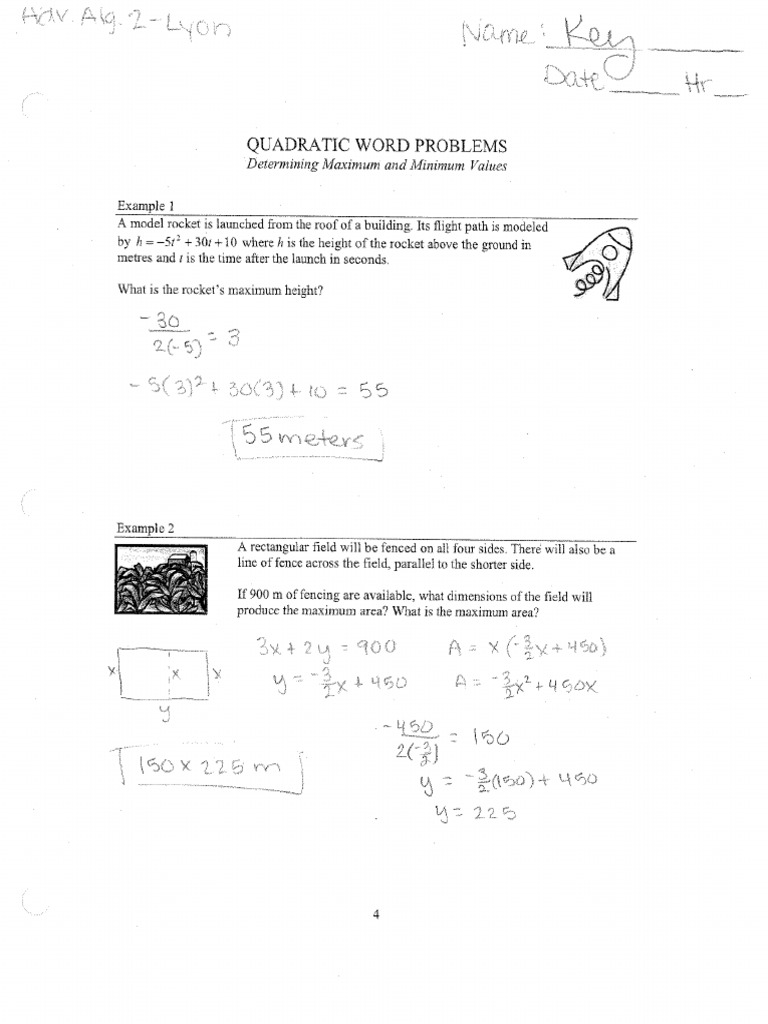 Quadratic Word Problems Ws 3 - Key | PDF