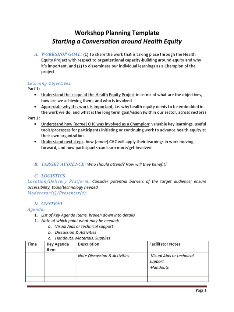 Regional Workshop Planning Template | PDF | Goal | Health Equity