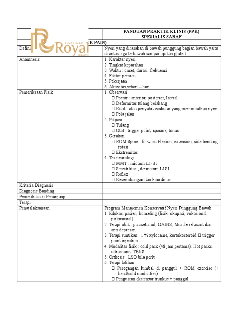 Panduan Praktik Klinis (PPK) Spesialis Saraf LBP (Low Back Pain) | PDF