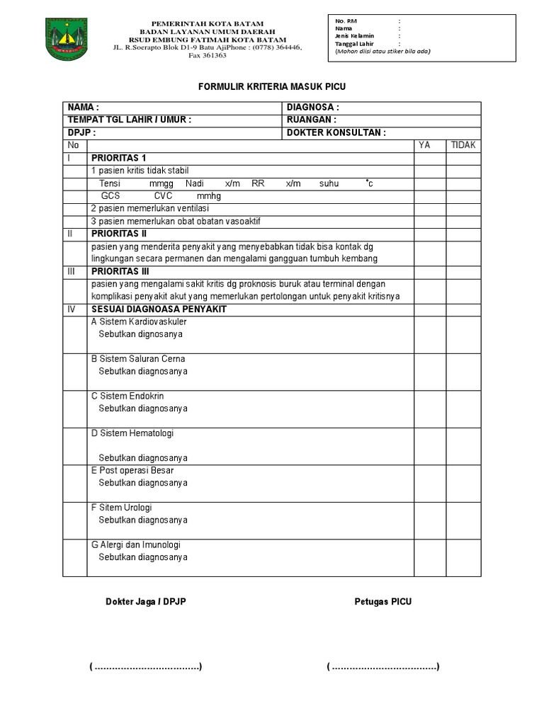 Formulir Kriteria Masuk Picu | PDF