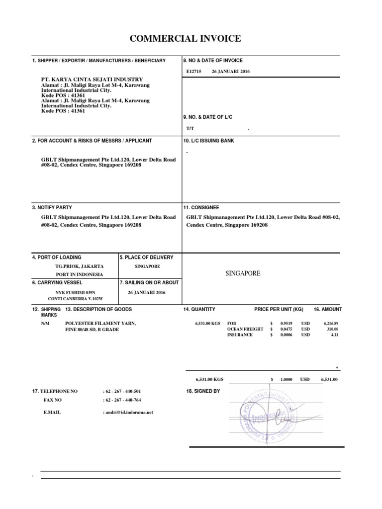 Commercial Invoice: Shipper / Exportir / Manufacturers / Beneficiary ...