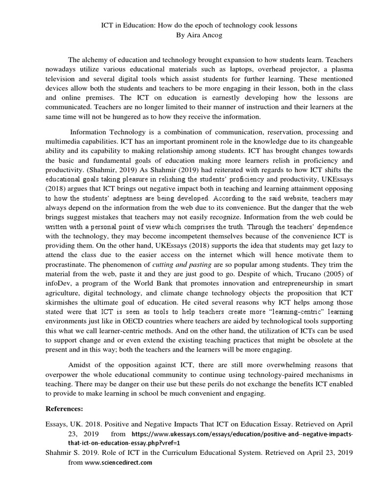 Essay On ICT in Education | PDF | Educational Technology | Education Theory