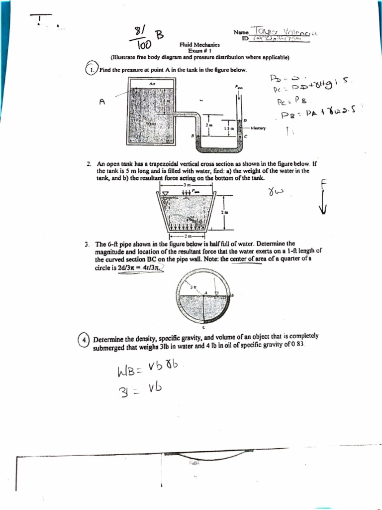 Fluid Mechanics Exam# (Illustrate Free Body Pressure Distribution Where ...