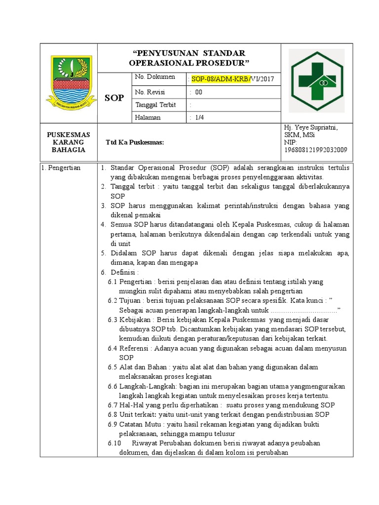 Penyusunan SOP Puskesmas Karang Bahagia | PDF