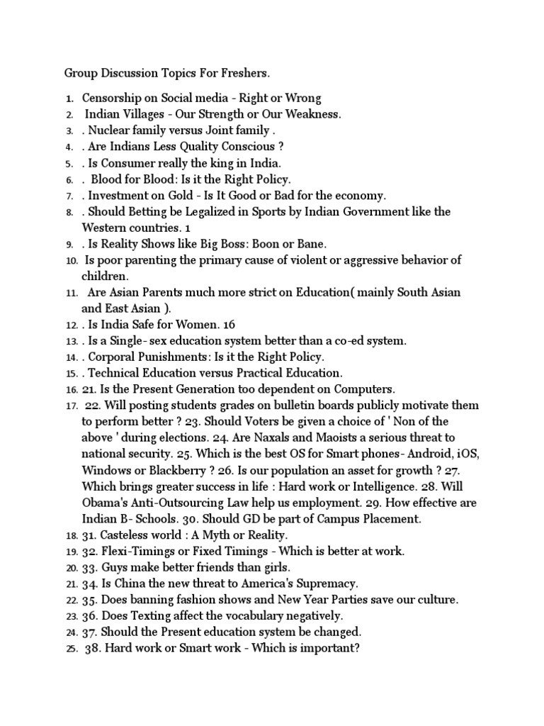 Group Discussion Topics For Freshers | PDF | Employment