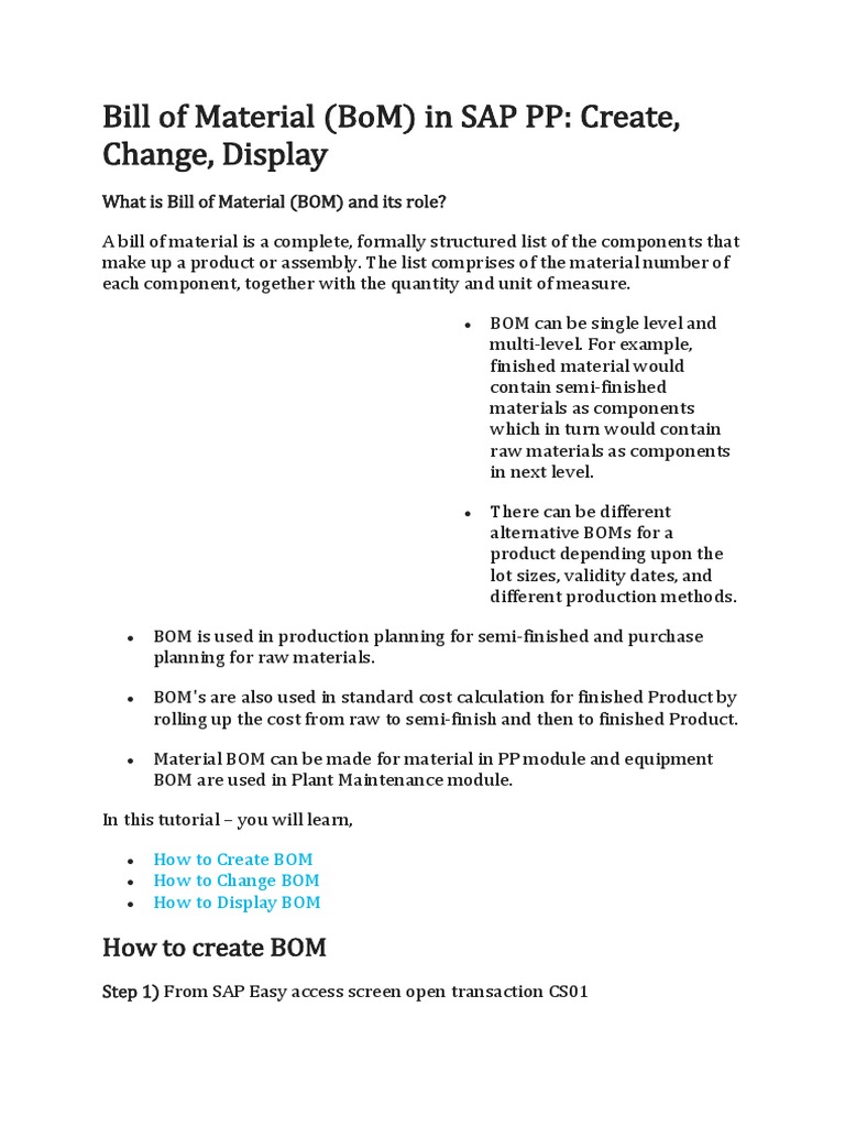 Bill of Material (Bom) in Sap PP: Create, Change, Display | PDF ...