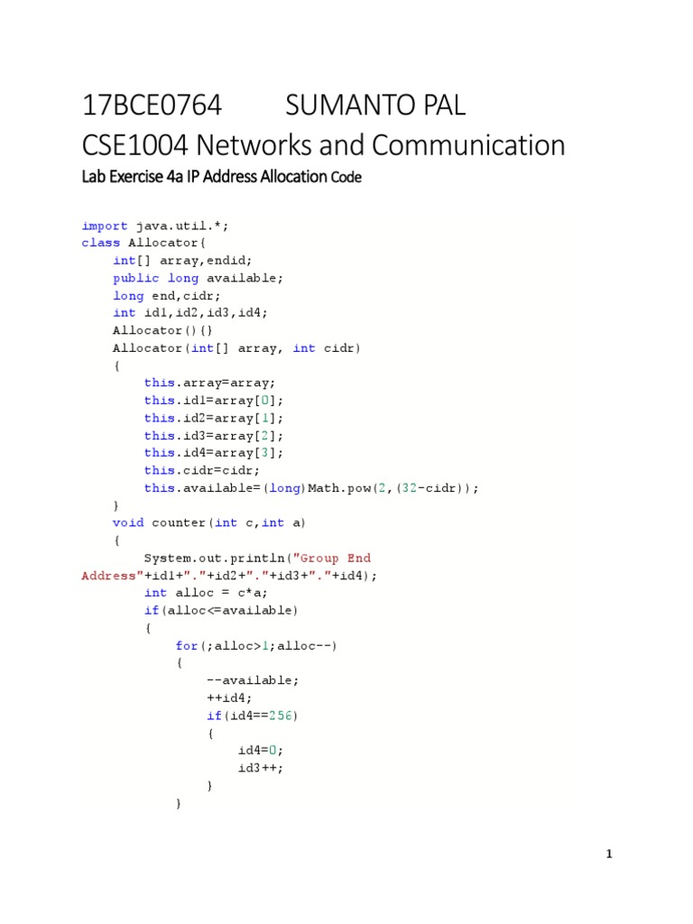 17BCE0764 Sumanto Pal CSE1004 Networks and Communication: Lab Exercise 4a IP Address Allocation ...