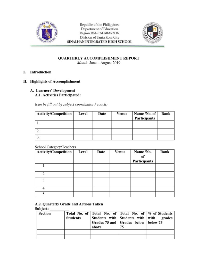 Quarterly Accomplishment Report Teachers 1 | PDF | Behavior ...