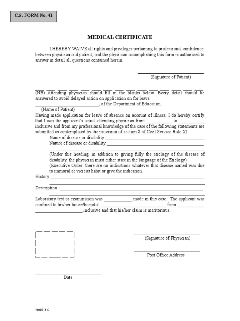 Medical Certificate: C.S. FORM No. 41 | Download Free PDF | Health ...