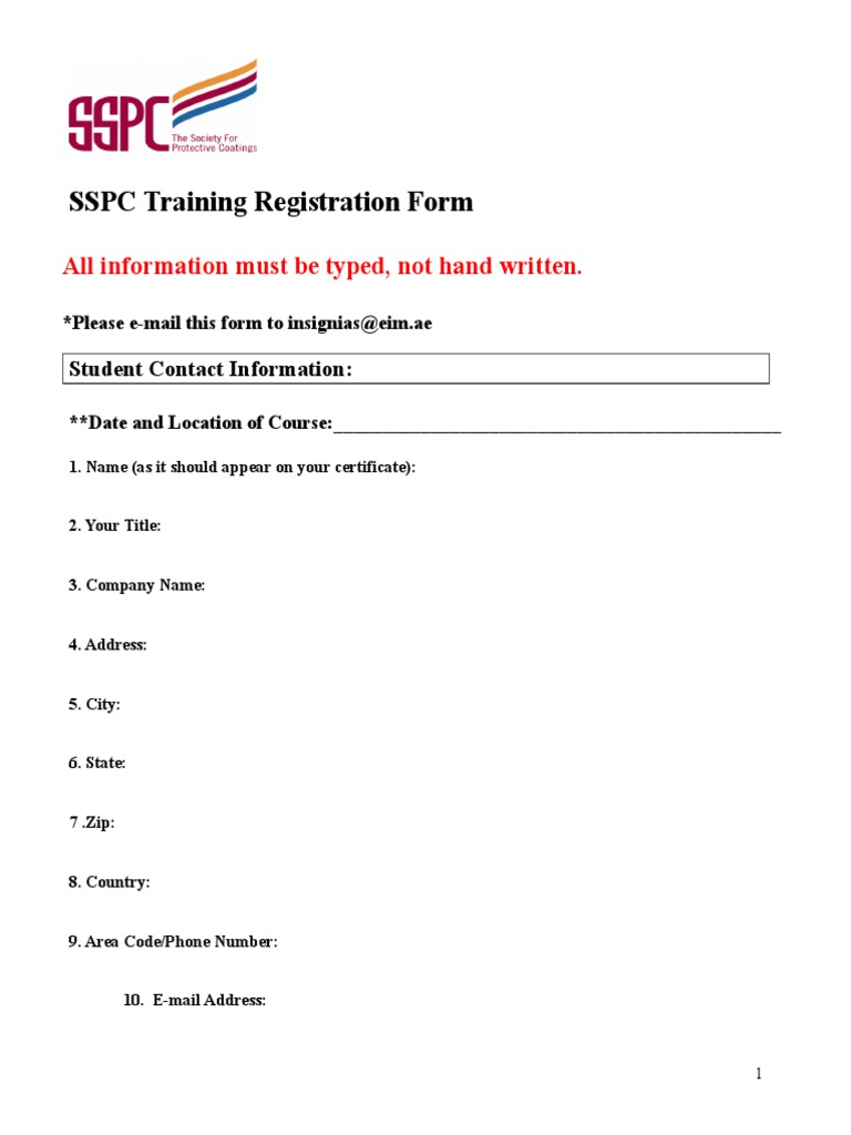 SSPC Training Registration Form: All Information Must Be Typed, Not ...