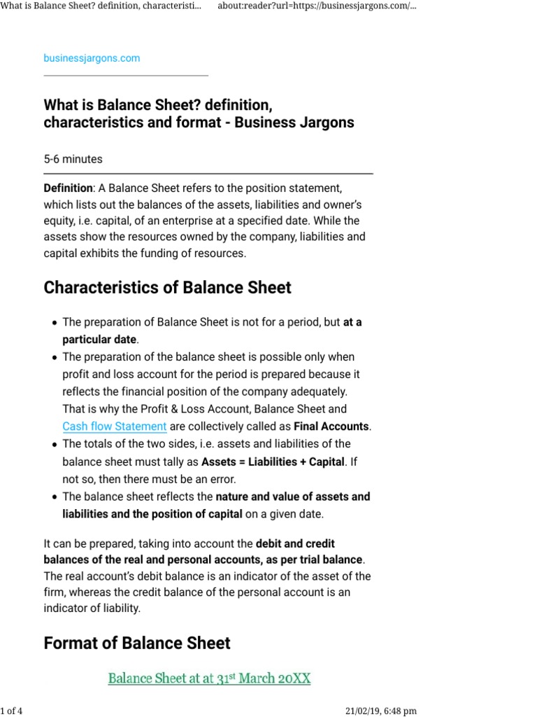Balance Sheet Definition Characteristics and Format - Business Jargons ...