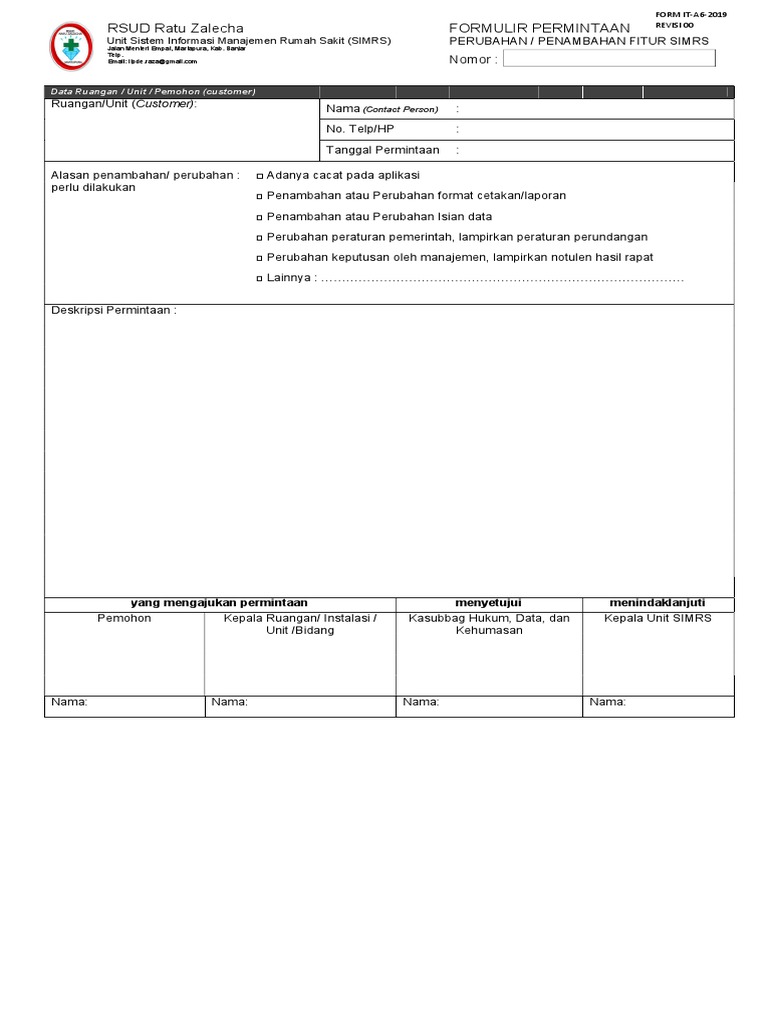 FORM IT-A6-2019 Rev00 Formulir Permintaan Perubahan Fitur SIMRS | PDF
