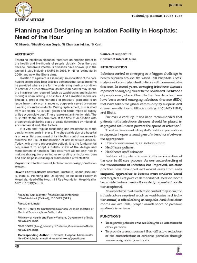 Planning and Designing An Isolation Facility in Hospitals Need of The ...