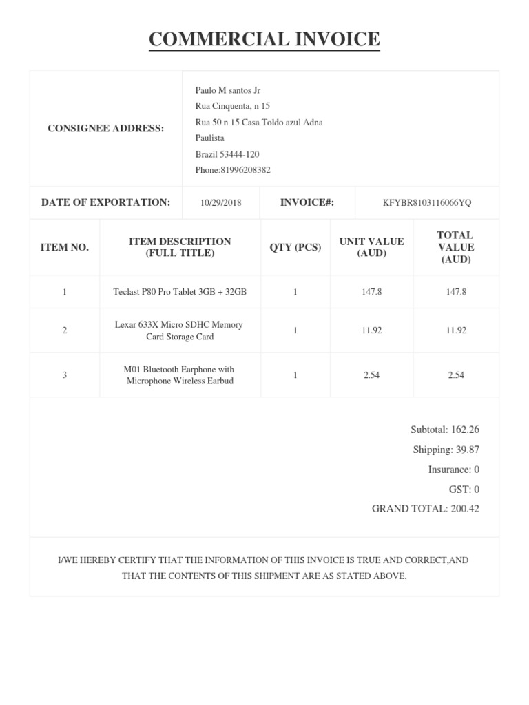 Commercial Invoice: Consignee Address | PDF