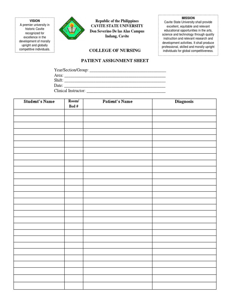 College of Nursing Patient Assignment Sheet | PDF
