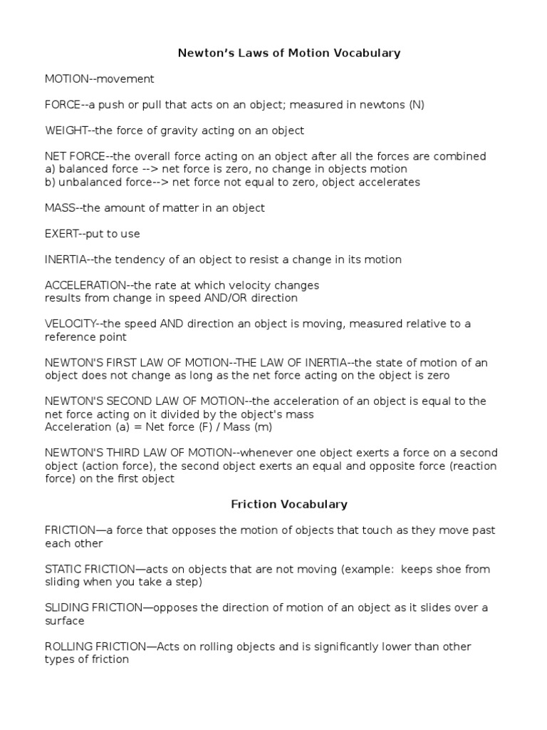 Newton's Laws of Motion Vocabulary | PDF | Force | Friction