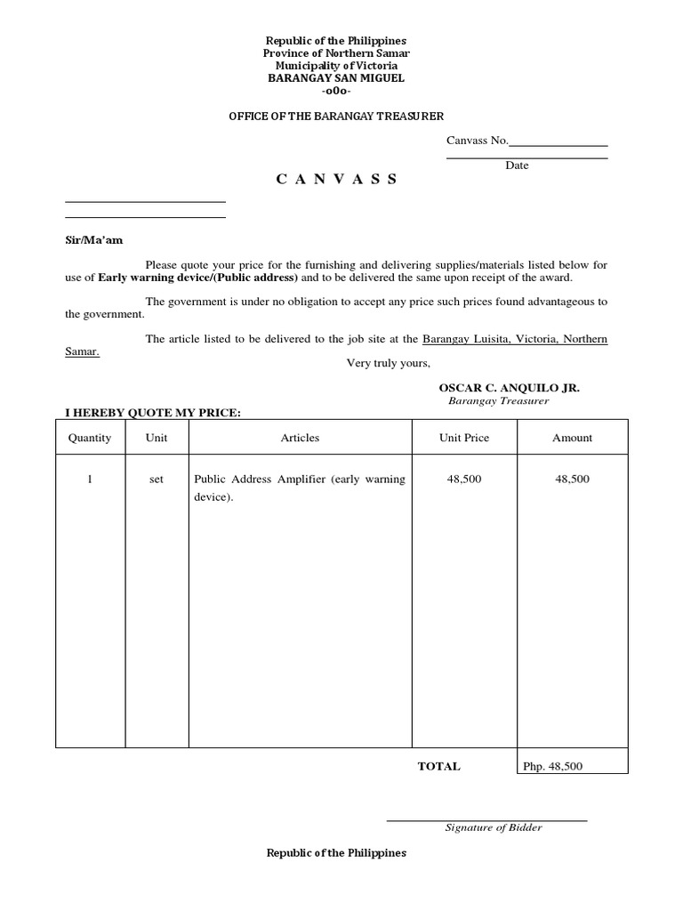 Canvass Form Only One | PDF