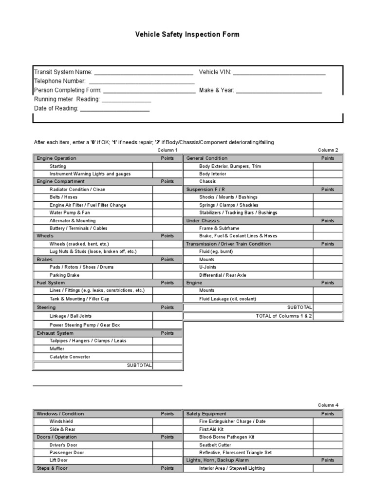 Vehicle Safety Inspection Form: Part 1 | PDF | Steering | Vehicles