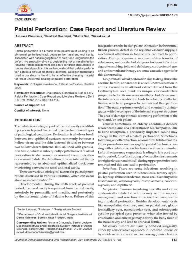 Palatal Perforation: Case Report and Literature Review: 10.5005/jp ...