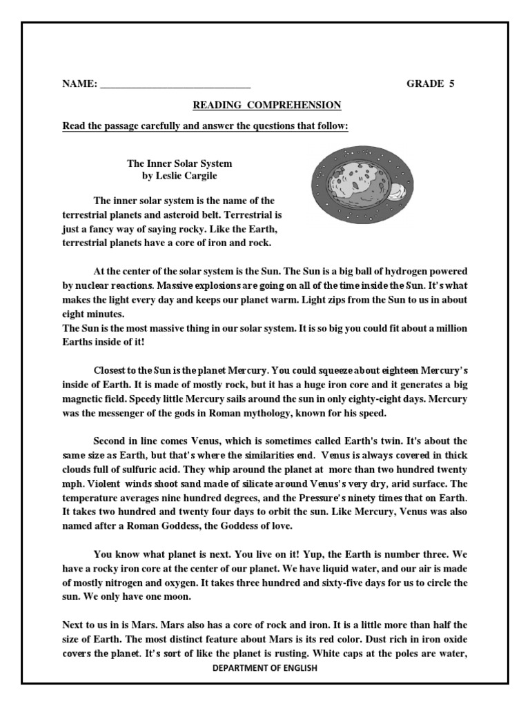 Reading Comprehension Worksheet | PDF | Planets | Solar System