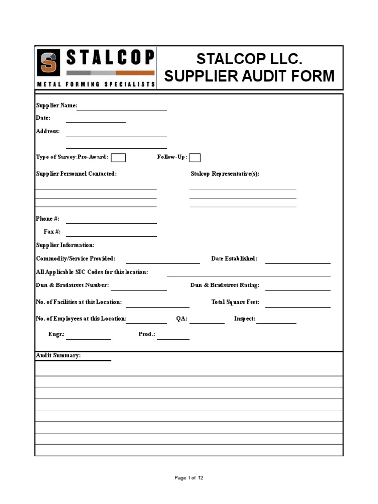 Stalcop Llc. Supplier Audit Form: Page 1 of 12 | PDF | Audit | Accuracy ...