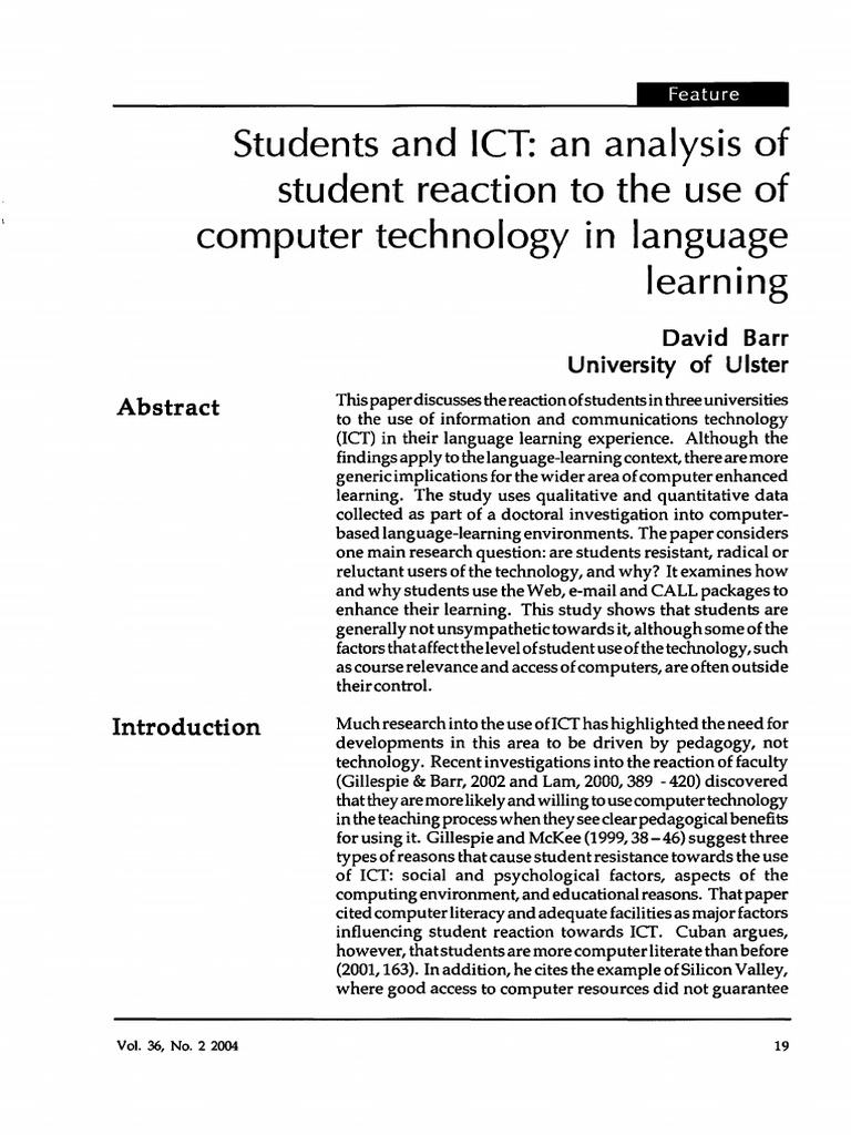 Students and ICT An Analysis of Student Reaction To The Use of Computer ...